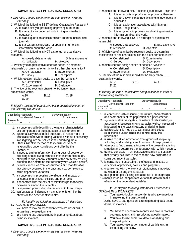 Practical Research 2 Summative Test | PDF | Quantitative Research ...