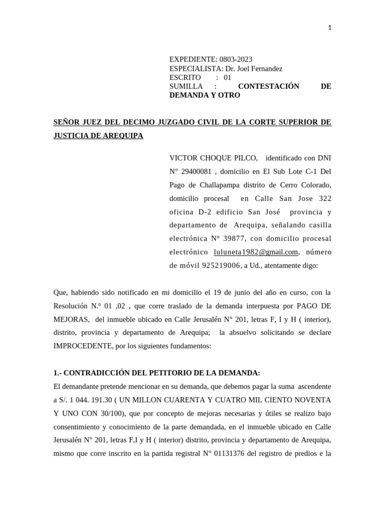 Contestacion MEJORAS | PDF | Demanda judicial | Posesión (Ley)