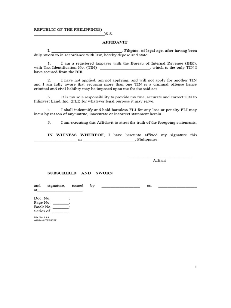 Affidavit of TIN For Notarial 1 | PDF