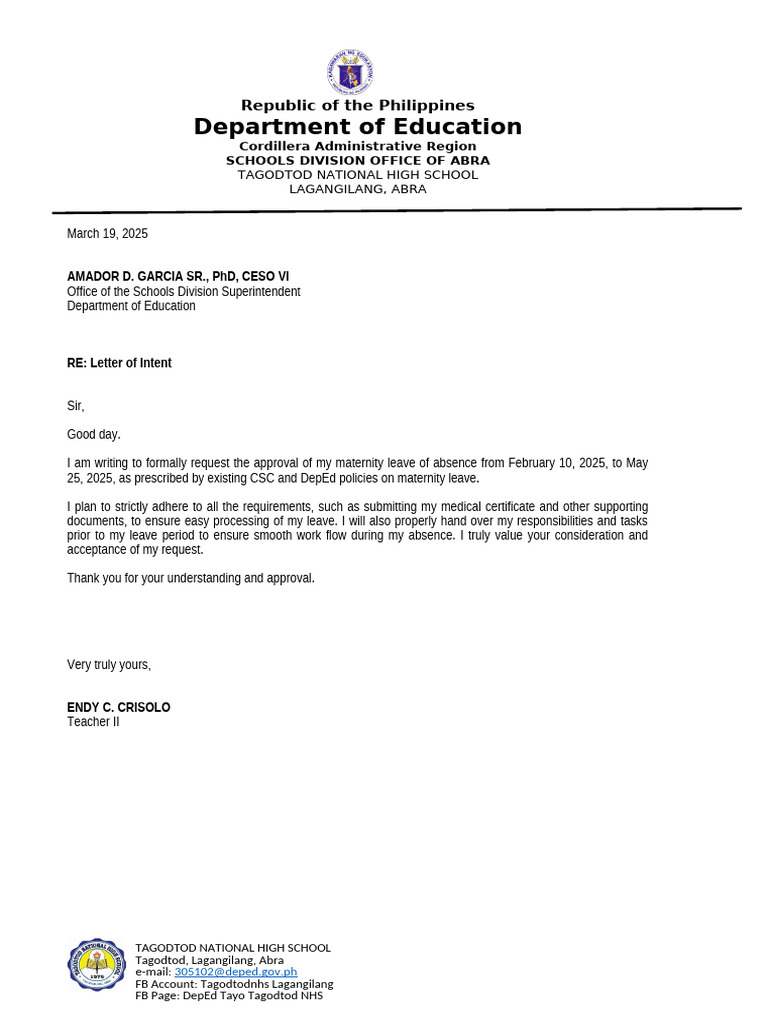 Maternity Leave Intent Letter | PDF