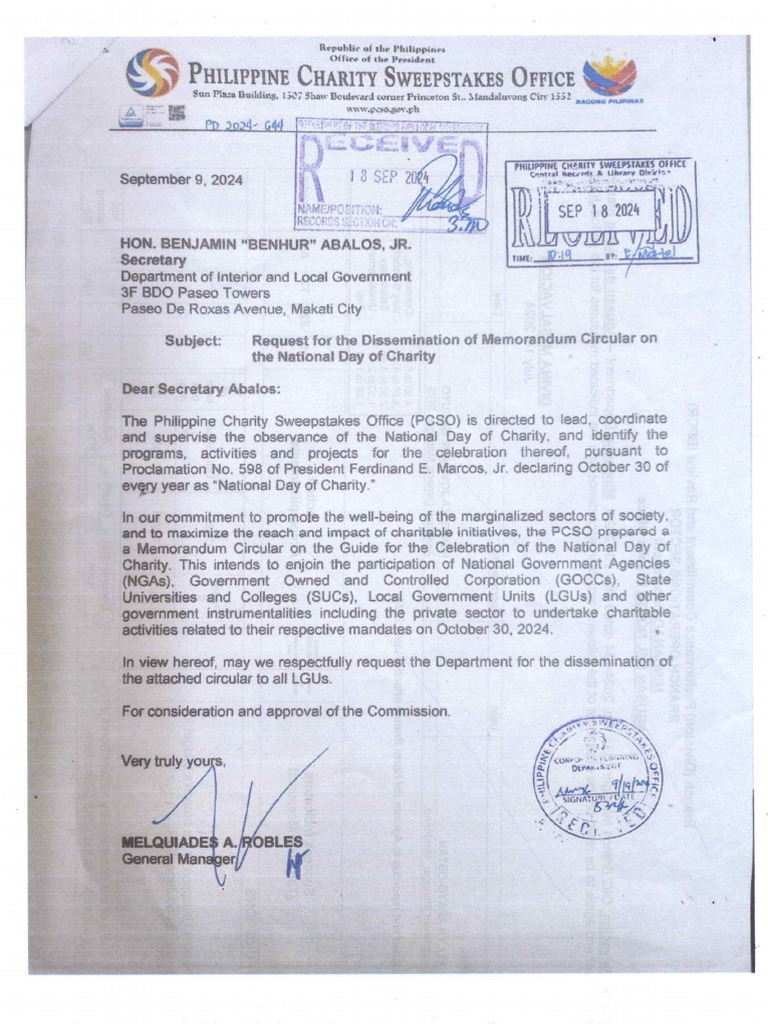 National Day of Charity Oct 30 2024 With Letter to Dilg | PDF