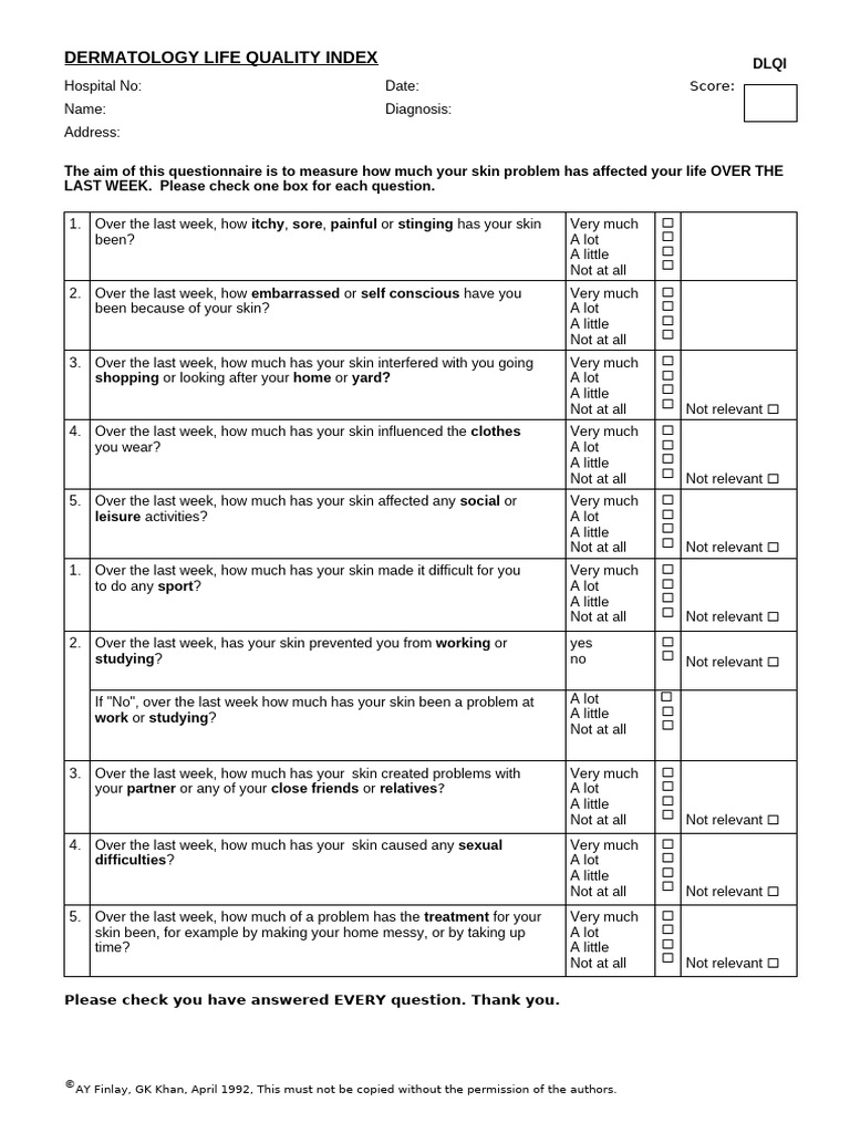 Dermatology Life Quality Index Questionnaire | PDF | Medicine ...