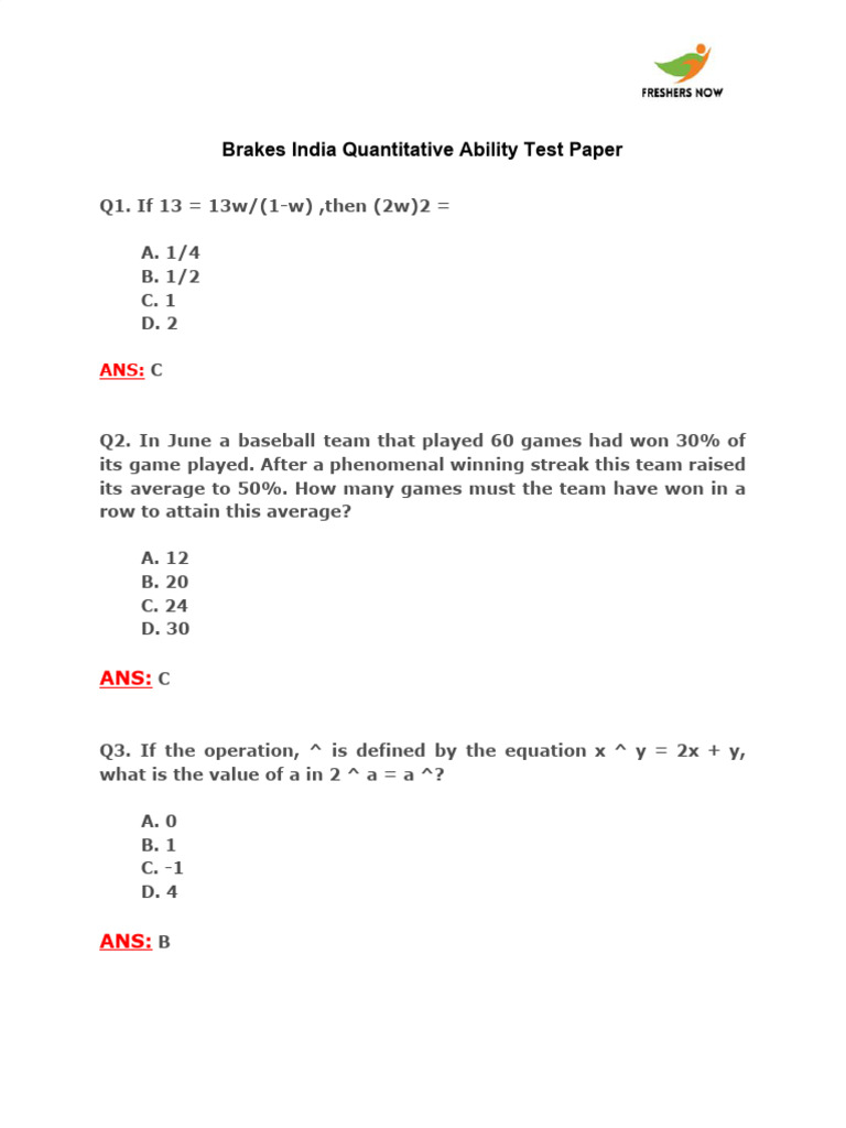 Brakes-India-Quantitative-Ability-Test-Paper | PDF | Mathematics