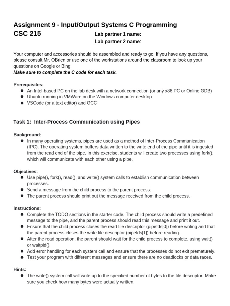 CSC 215 - Lab 9 - Input-Output C Programming | PDF | Process (Computing ...