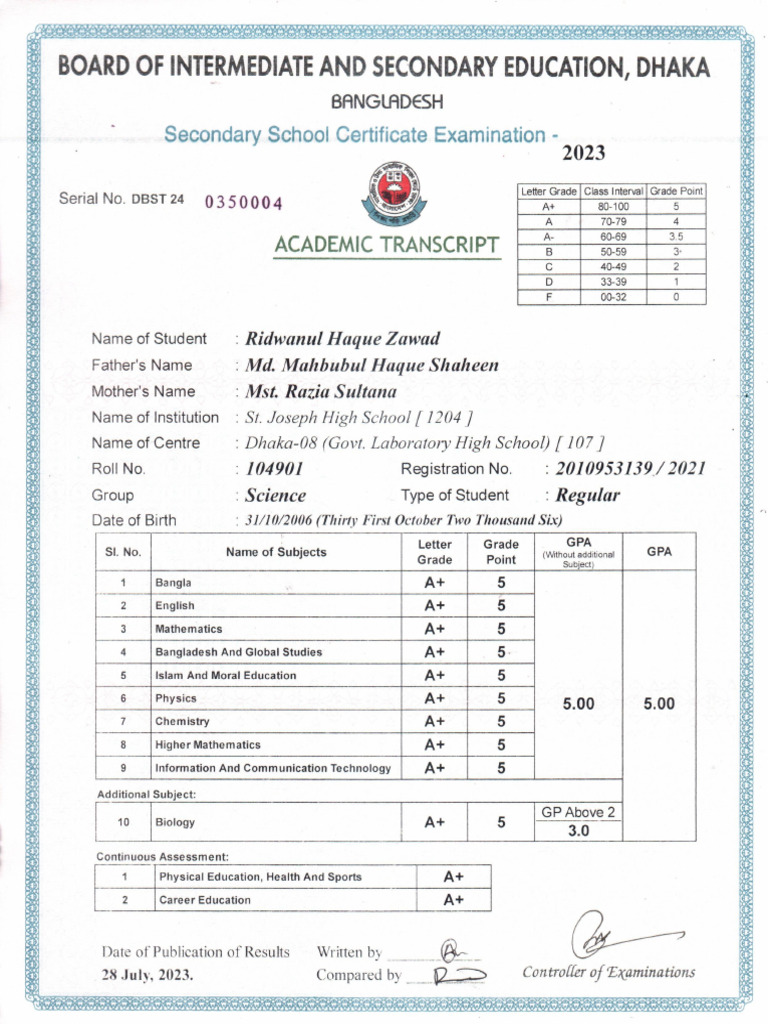 SSC Academic Transcript 2023 | PDF