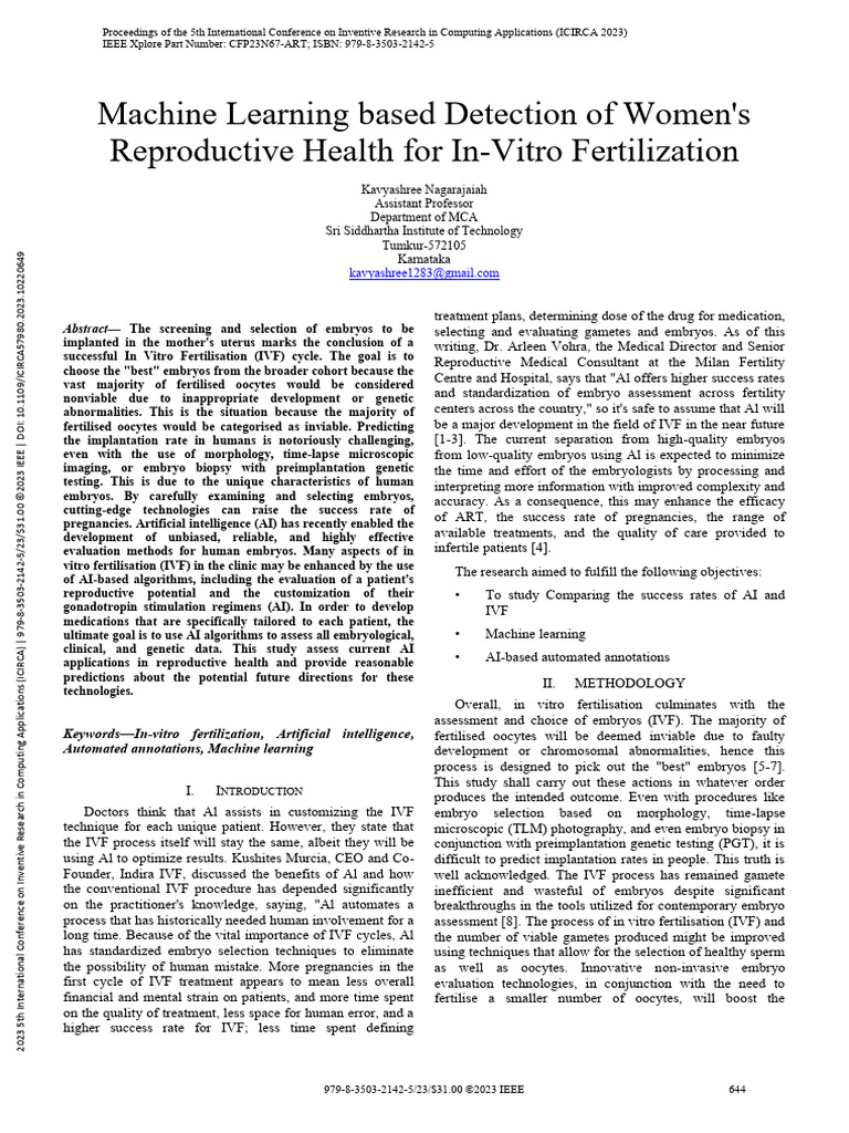 Machine Learning Based Detection of Womens Reproductive Health For In-Vitro Fertilization | PDF ...