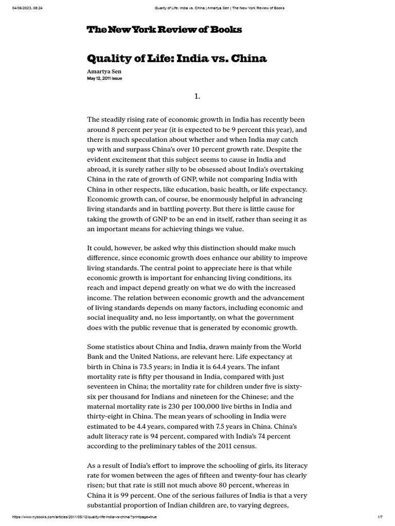 Quality of Life India vs. China Amartya Sen The New York Review of ...