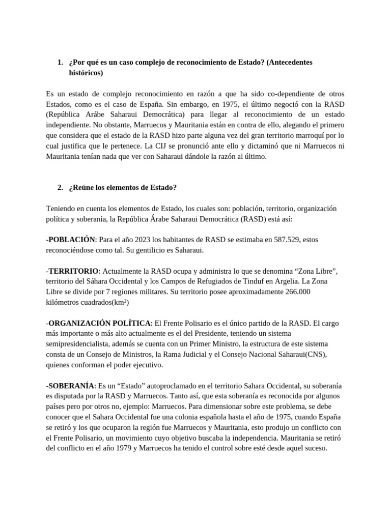 Reconocimiento y Estado de la RASD | PDF | Sahara Occidental ...