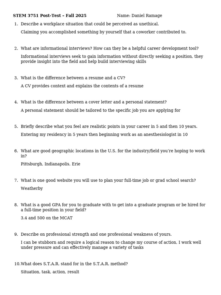 STEM 3751 Post-Test Daniel Ramage | PDF