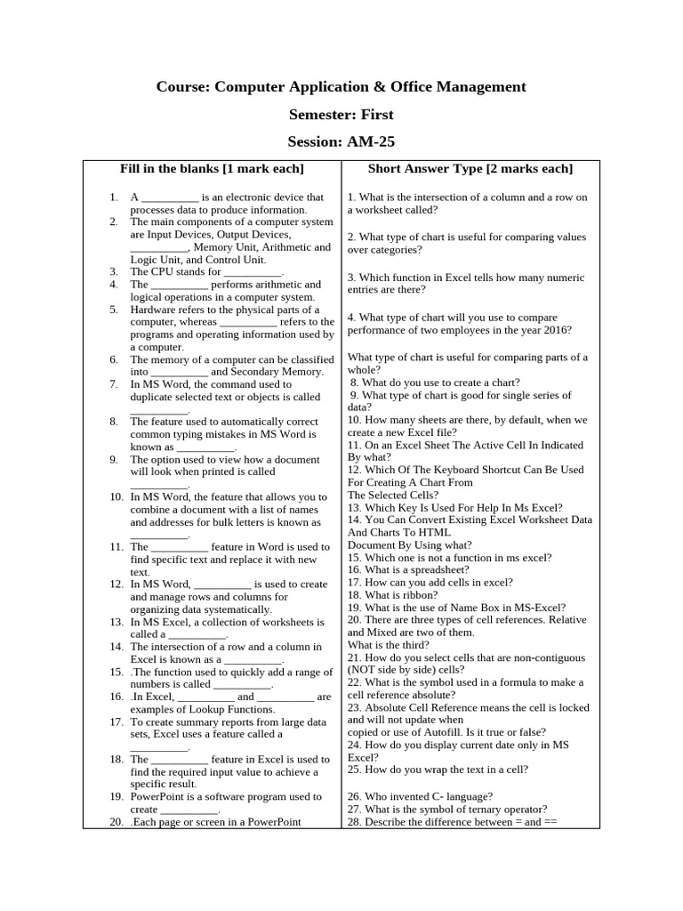 Computer Applications & Office Management Exam | PDF | Microsoft Excel ...