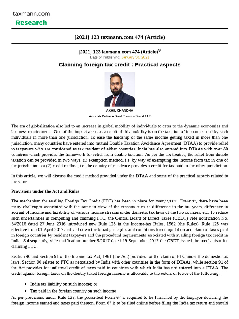 Claiming Foreign Tax Credit in India | PDF | Taxes | Tax Treaty