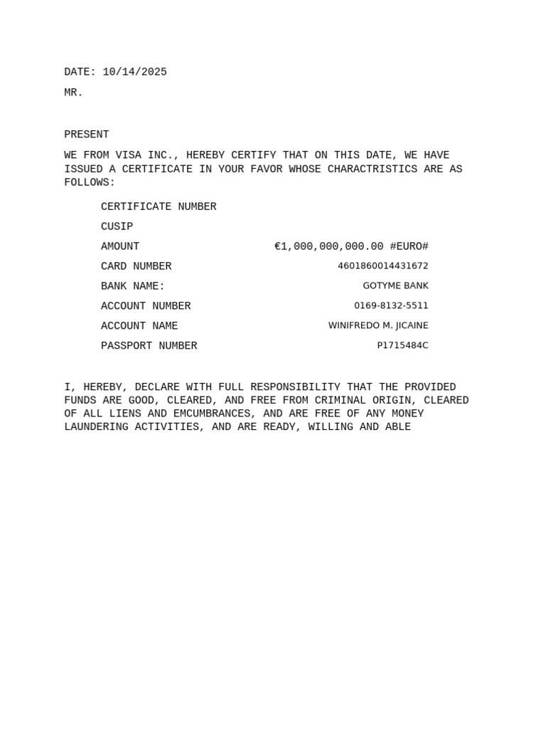 Draft Certification of Visa Debit Card | PDF