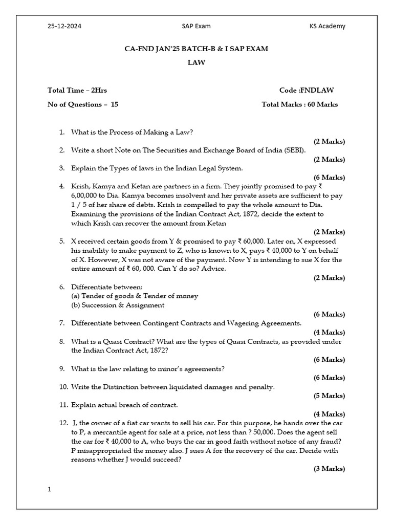 CA-fnd -Jan'25-(Law) Qp Batch b,i 25-12-24 | PDF | Private Law ...