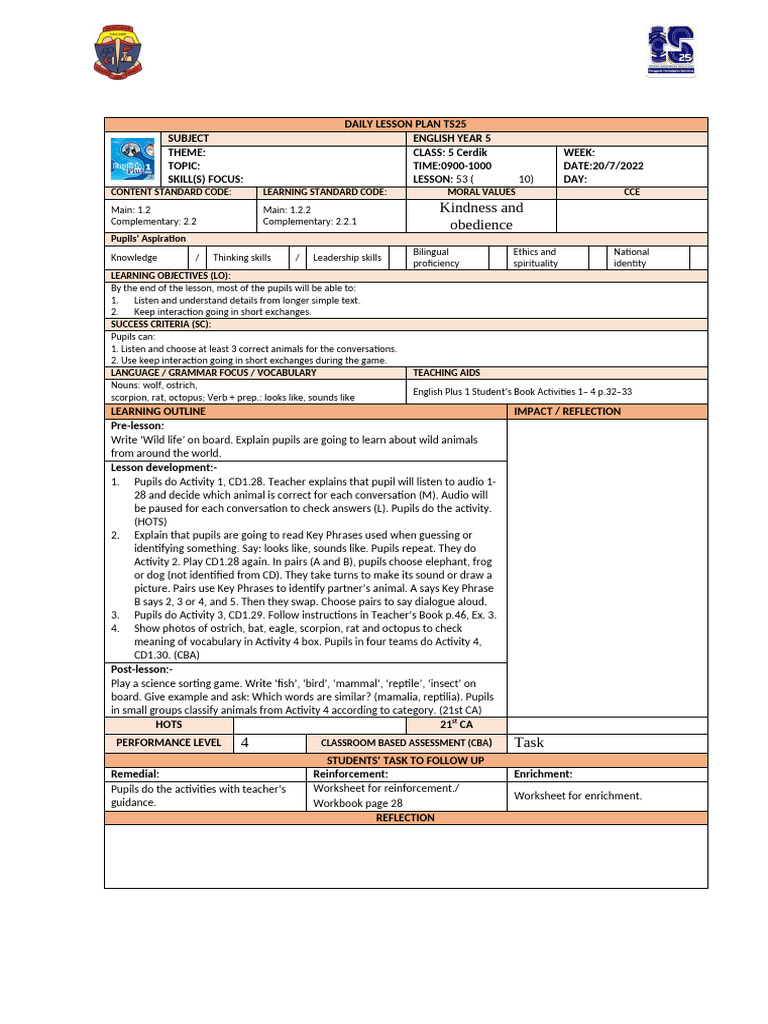 Daily Lesson Plan Ts25 Unit 3 | PDF | Lesson Plan | English Language