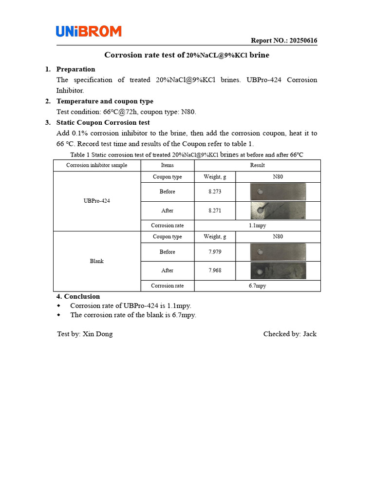 Test Report On The Corrosion Rate of NaCl+KCl Brine - UBPro-424 | PDF