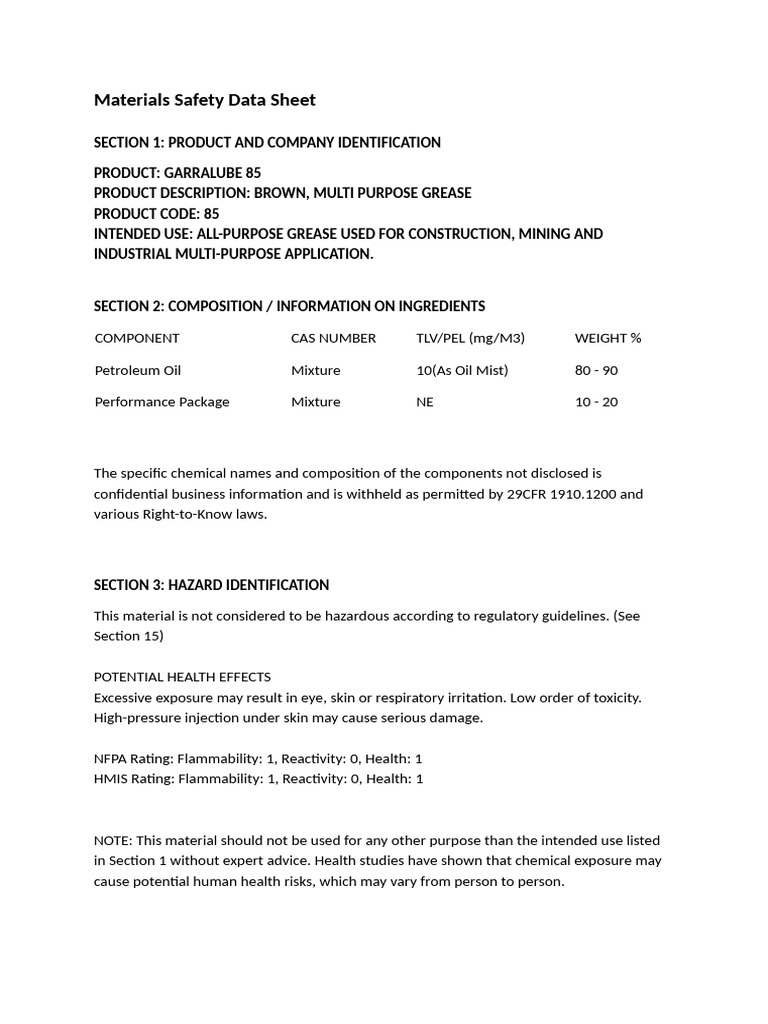 GARRALUBE 85 Multi-Purpose Grease MSDS | PDF | Personal Protective ...