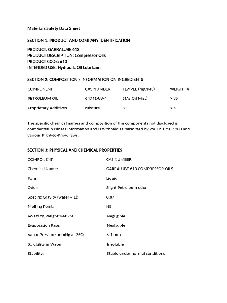 MSDS Garralube 613 | PDF