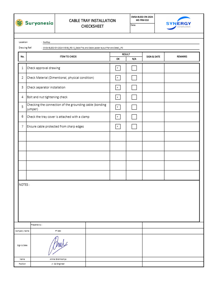 Cable Tray or Ladder Installation Checksheet | PDF | Renewable Energy ...