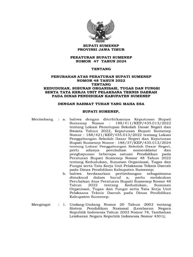 Perbup Perubahan No 47 TH 2024 Uptd Disd - Compressed | PDF