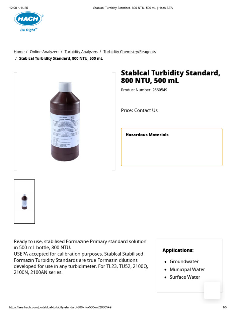 2660549_Stablcal Turbidity Standard, 800 NTU, 500 mL _ datasheet | PDF