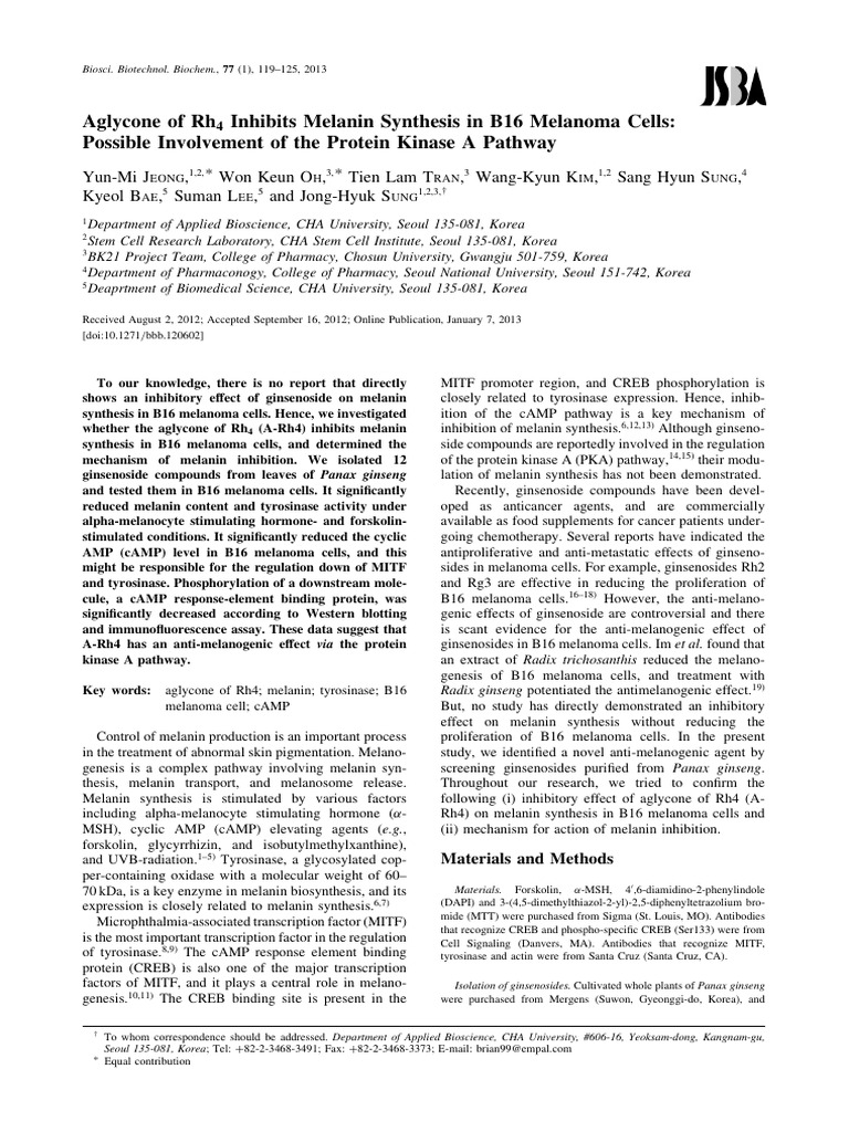 1 Aglycone of Rh4 Inhibits Melanin Synthesis in B16 Melanoma Cells Possible Involvement of The ...