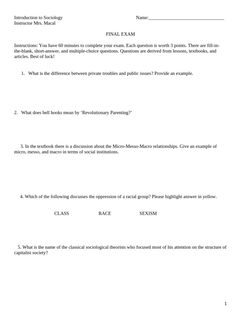 Introduction To Sociology - EXAM Name 4 | PDF | Sociology | Race (Human ...