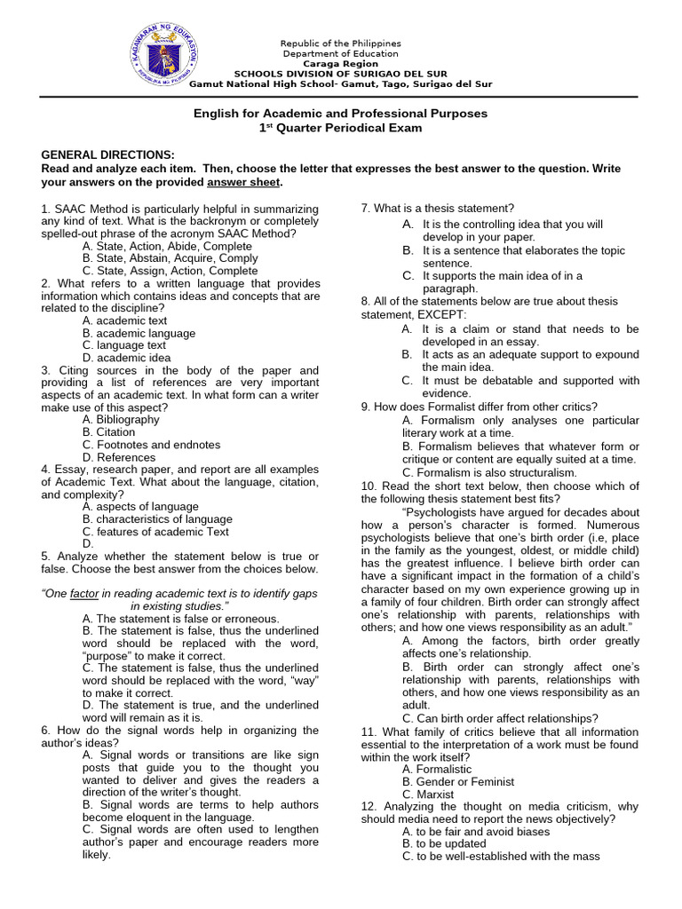 EAPP MIDTERM Exam Sy 2021-2022 (1st Semester) | PDF | Survey ...