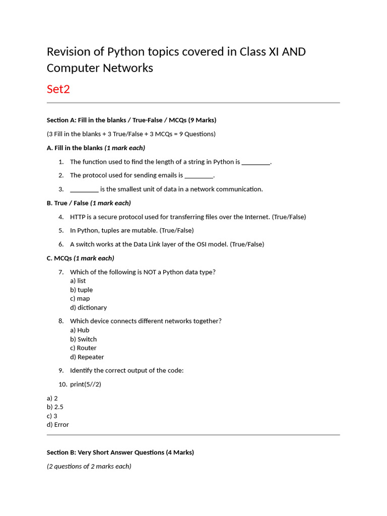 Revision of Python Topics Covered in Class XI and Computer Networks_set2 | PDF