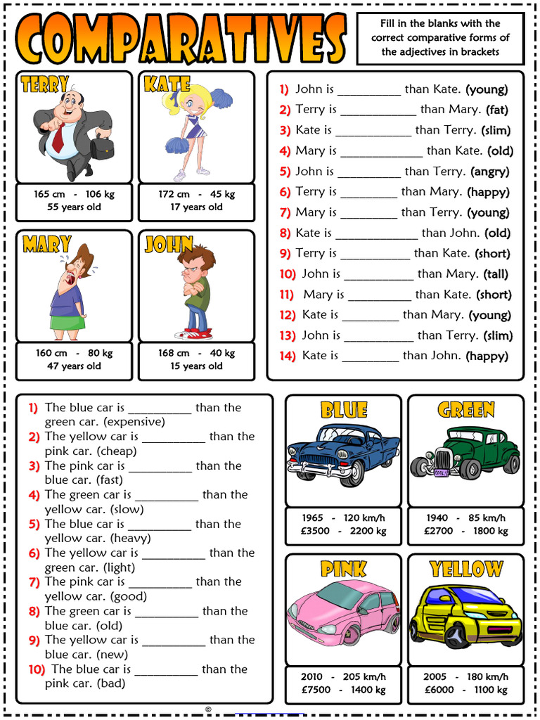 Comparative Forms of Adjectives Esl Grammar Gap Fill Exercises Worksheet | PDF