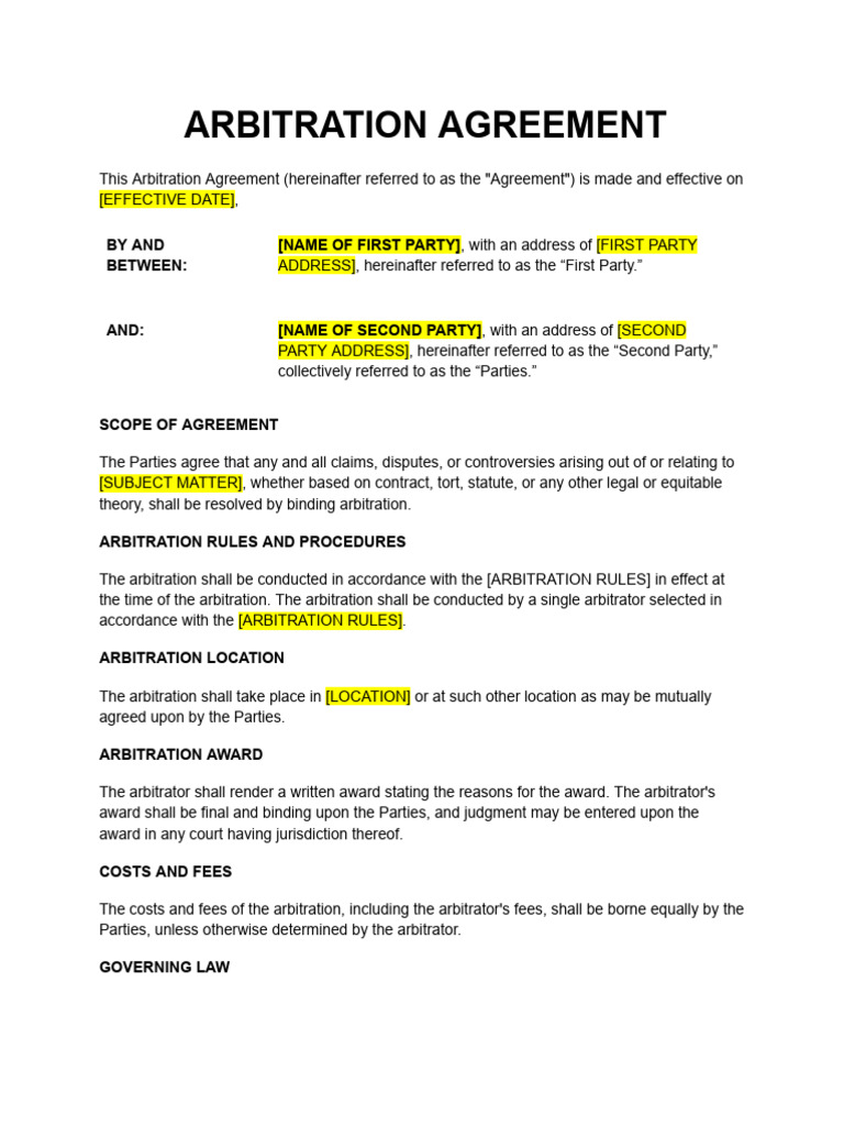 Binding Arbitration Agreement Template | PDF