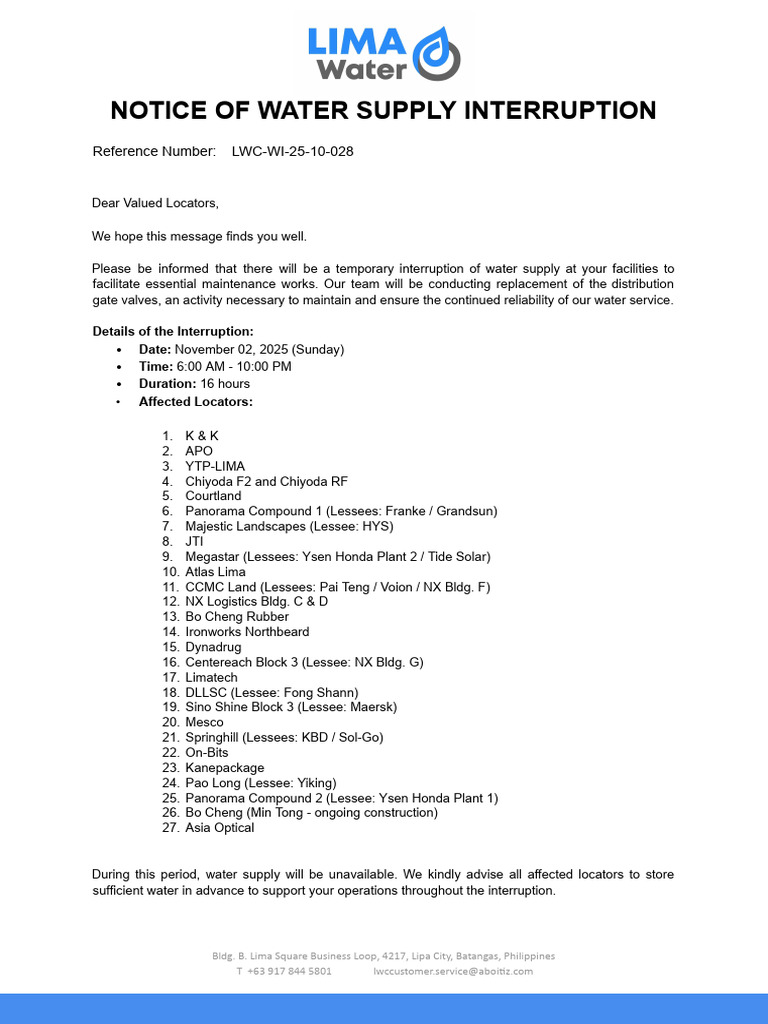 LWC WI 25-10-028 Notice of Water Supply Interruption November 02 2025 ...