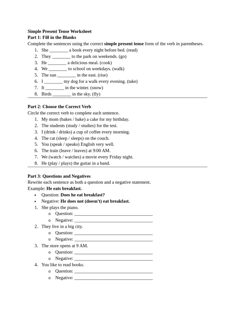 Simple Present Tense Worksheet | PDF