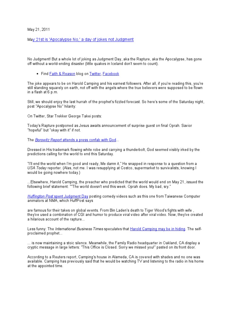 May 21 Judgement Day Jokes | PDF | End Time | Jesus