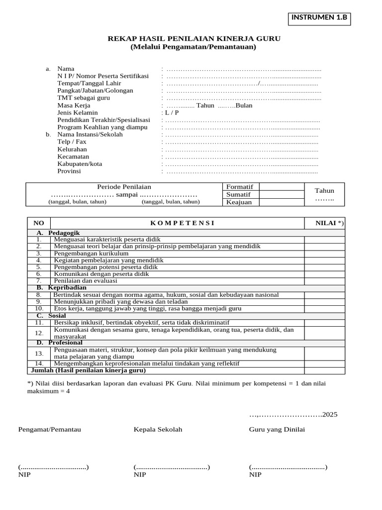 Instrumen Rekap Hasil Pkg Kelas, Mapel, Bk, Dan Kepala Sekolah | PDF
