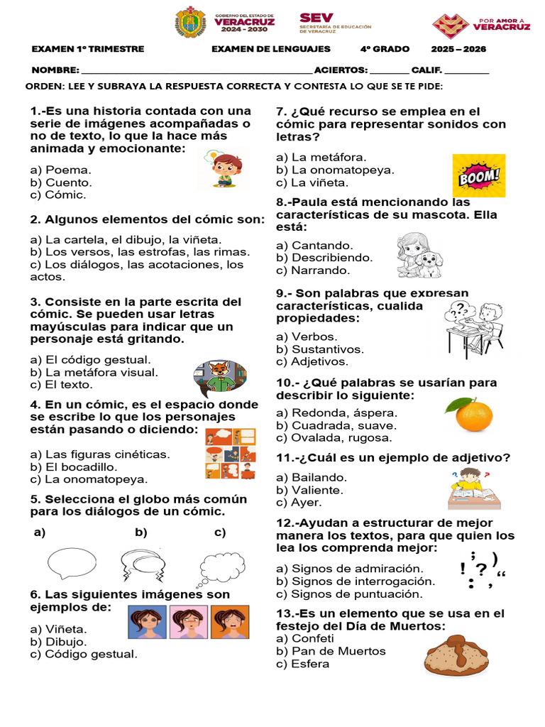 Examen de Cómics y Lenguaje 4° Grado | PDF | Cómics