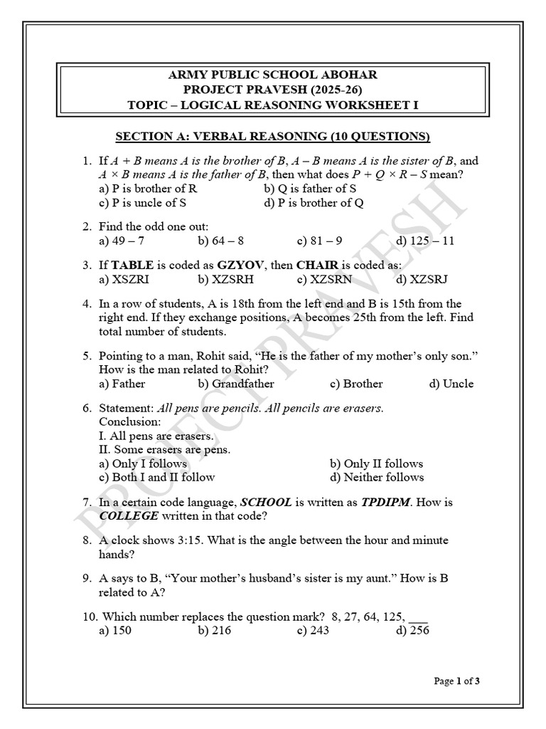 Logical Reasoning Worksheet for APS Abohar | PDF