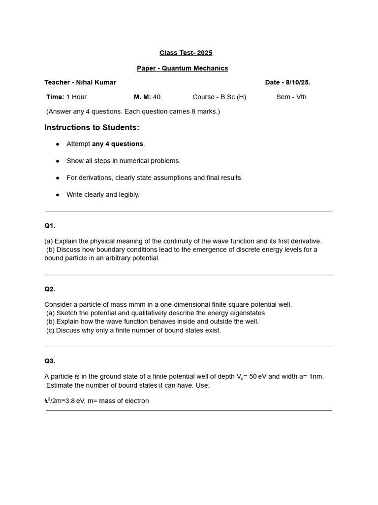Quantum Test - 2025(1) | PDF | Quantum Mechanics | Wave Function