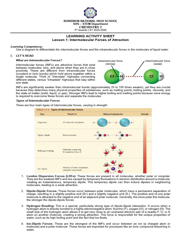 CHEM2 Lesson 1 Worksheet Intermolecular Forces of Attraction | PDF ...