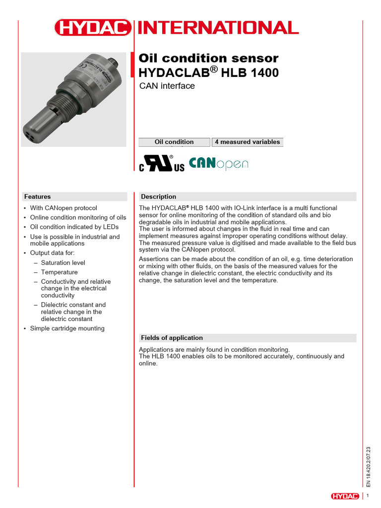 HYDAC HLB 1400 Oil Condition Sensor | PDF | Dielectric | Temperature