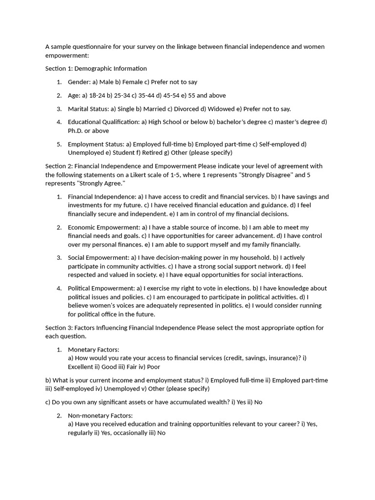 A Sample Questionnaire For Your Survey On The Linkage Between Financial ...