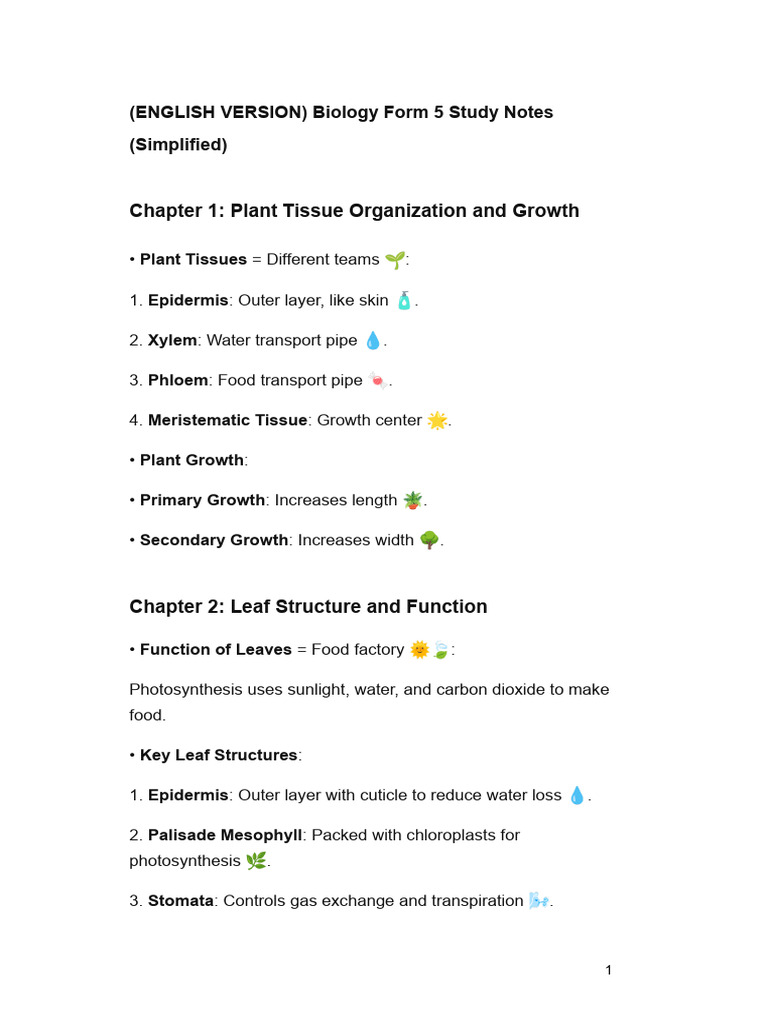 Study Notes (ENGLISH VERSION) Biology Form 5 (Simplified) | PDF | Plant ...