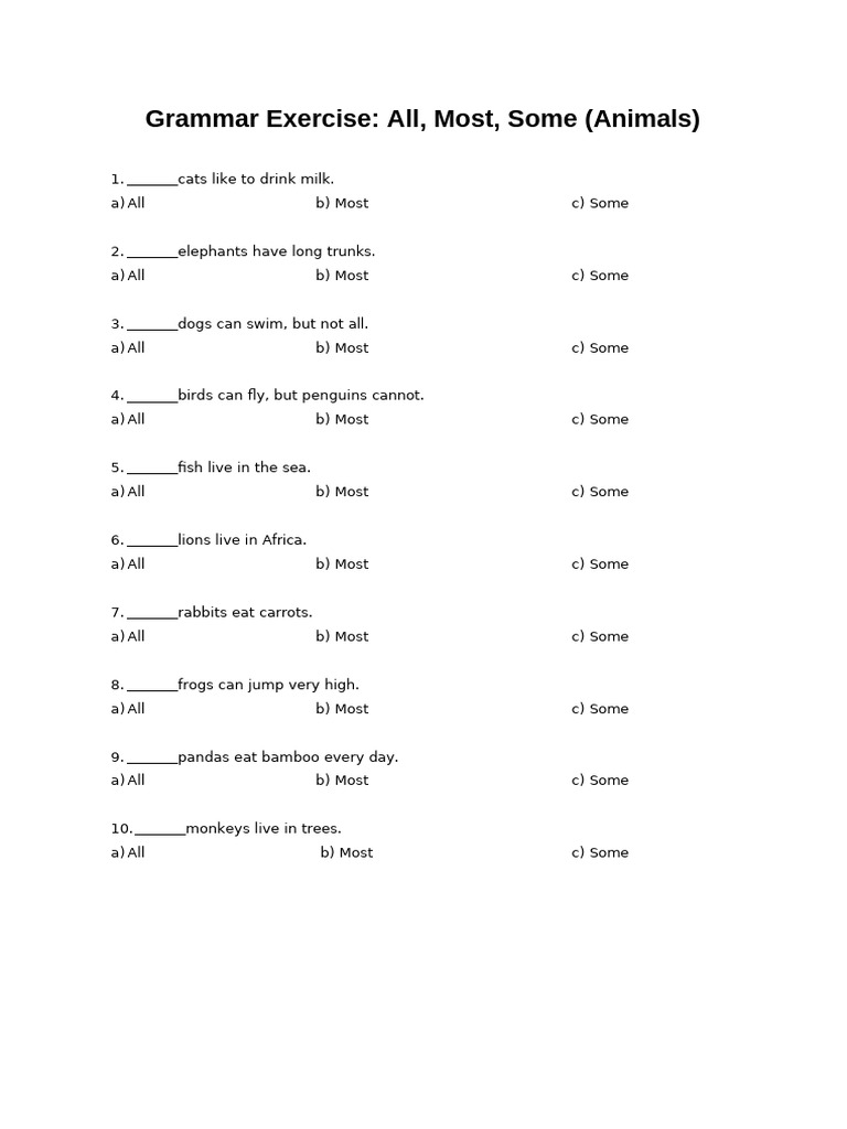 Grammar Exercise All Most Some Animals | PDF