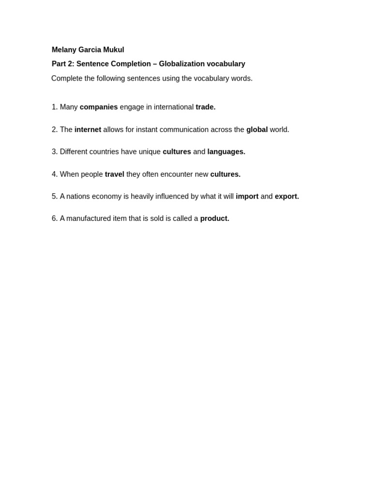 Globalization Vocabulary Sentence Completion | PDF