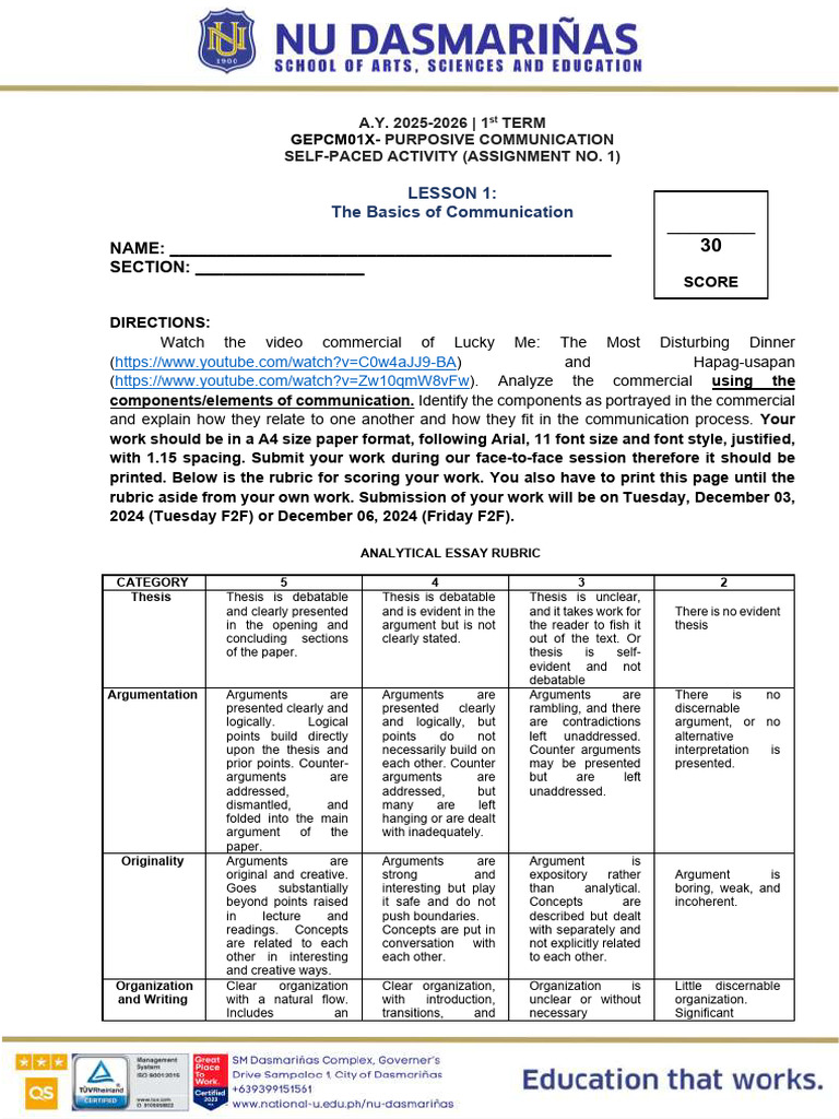 PC Lesson 1 Assignment 1 Analytical Essay | PDF | Communication | Argument