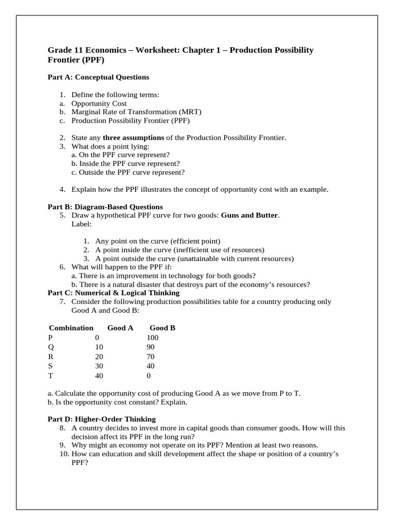 Worksheet Grade 11 Economics-Ch 1 | PDF