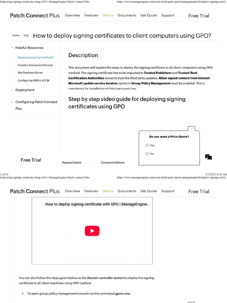 Deploying Signing Certificate Using GPO ManageEngine Patch Connect Plus | PDF