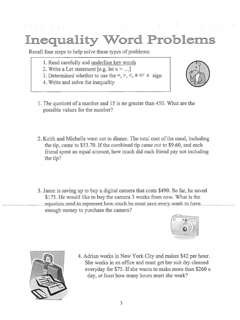 Unit 3 - Inequalities Word Problems Notes - Pages 1 and 2 ONLY | PDF