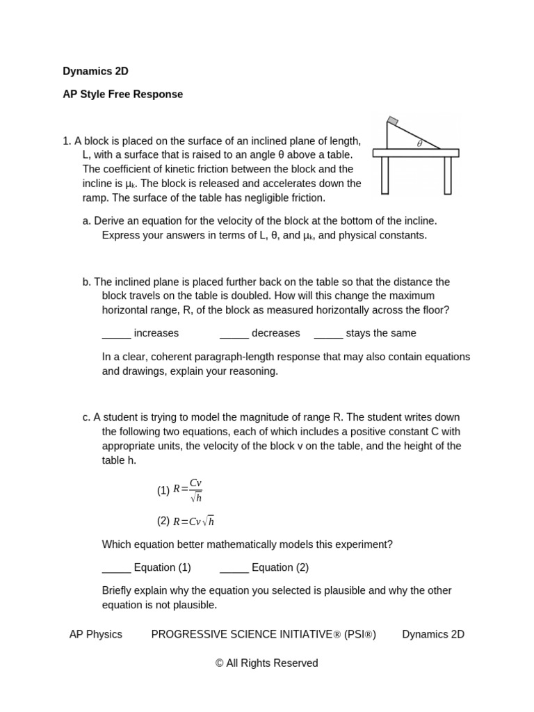 AP Phys1 Dynamics 2d AP Style Free Response Questions 2024-11-04 | PDF ...