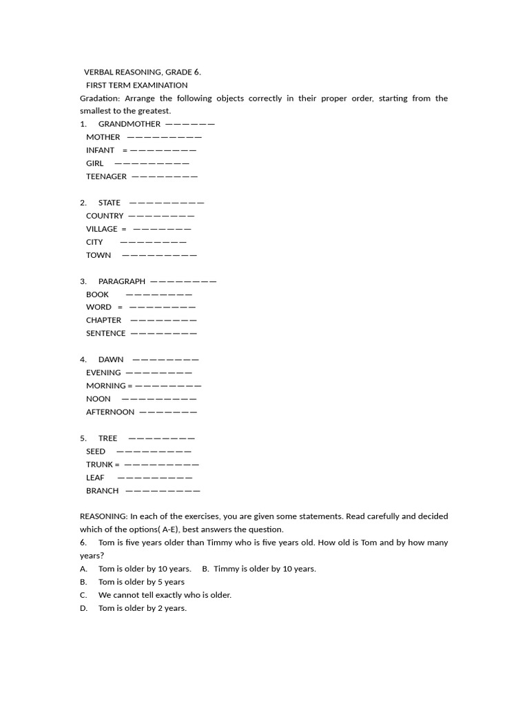 Verbal, Grade 5, First Term Examination | PDF