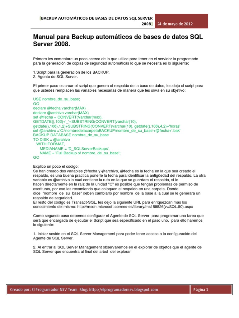 Manual para Backup Automáticos de Bases de Datos SQL Server 2008 | PDF | Servidor SQL de ...